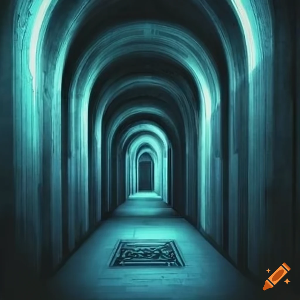 Dark-colored ancient futuristic labyrinth hallway