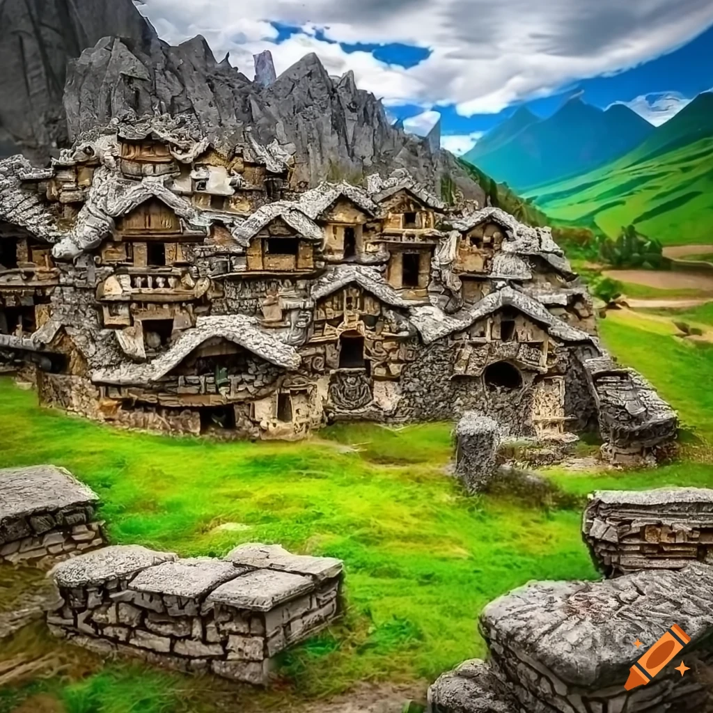 An intricately designed dwarven stone village, fantasy, highly detailed ...