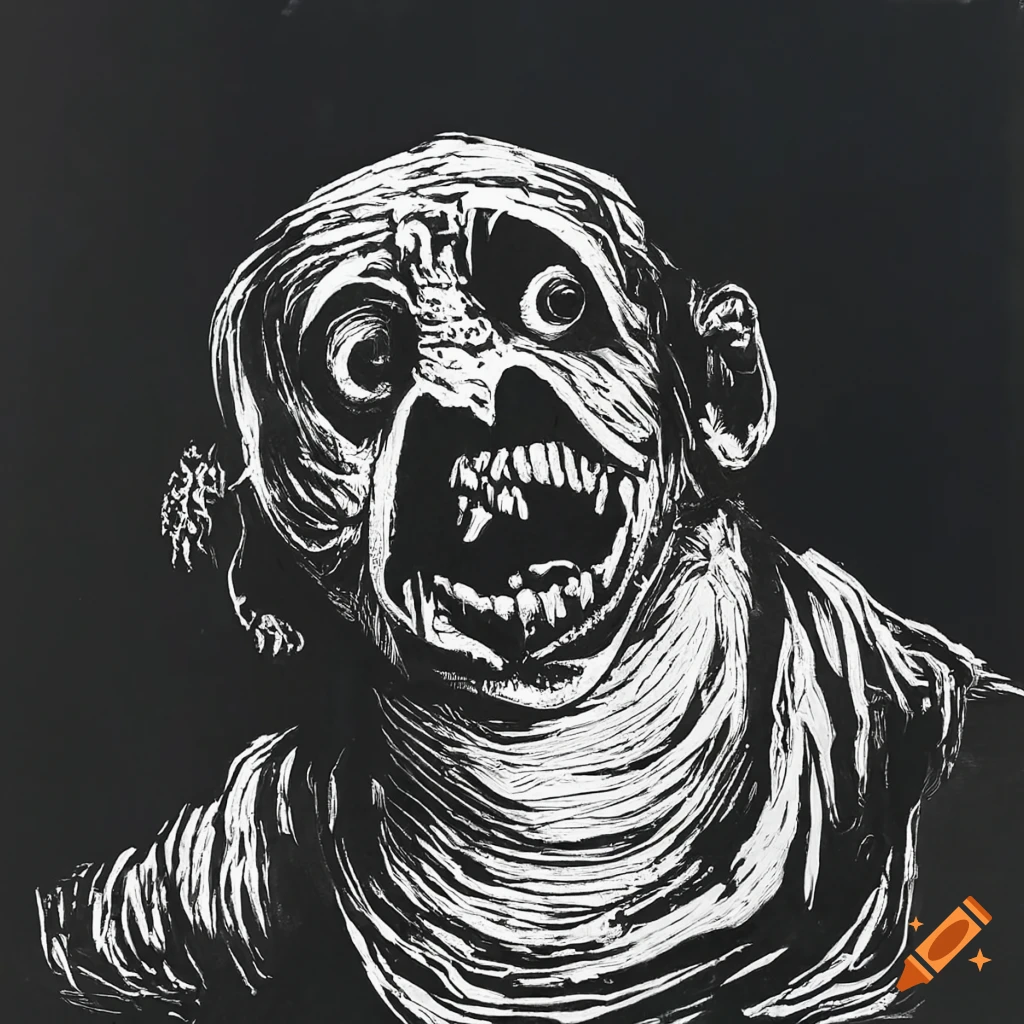 Full body giant humanoid monster smiling, monochrome engraving detailed ...