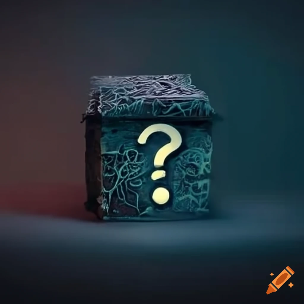 A mysterious box covered in question marks in a spooky setting on Craiyon
