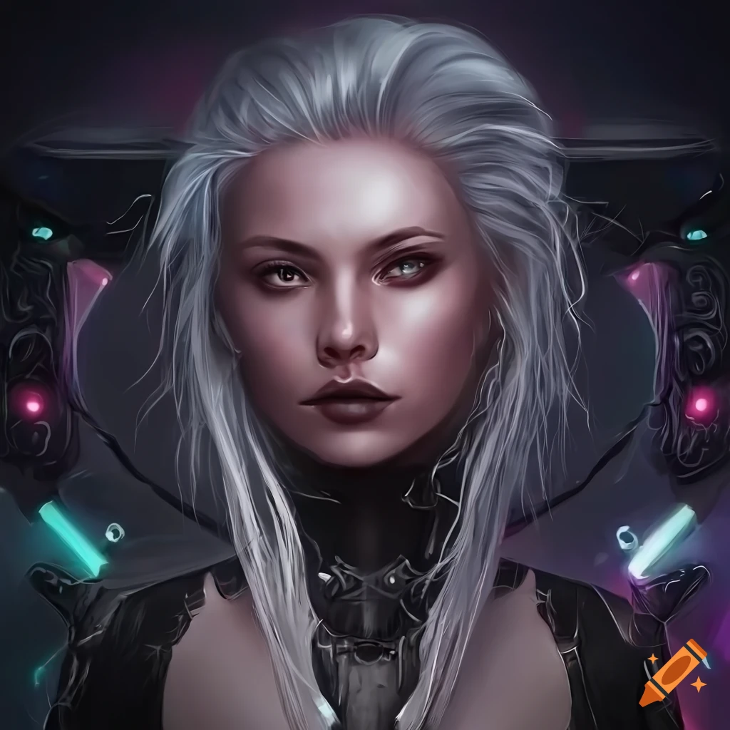 Beautiful face of a women warrior with long black and silver hair ...