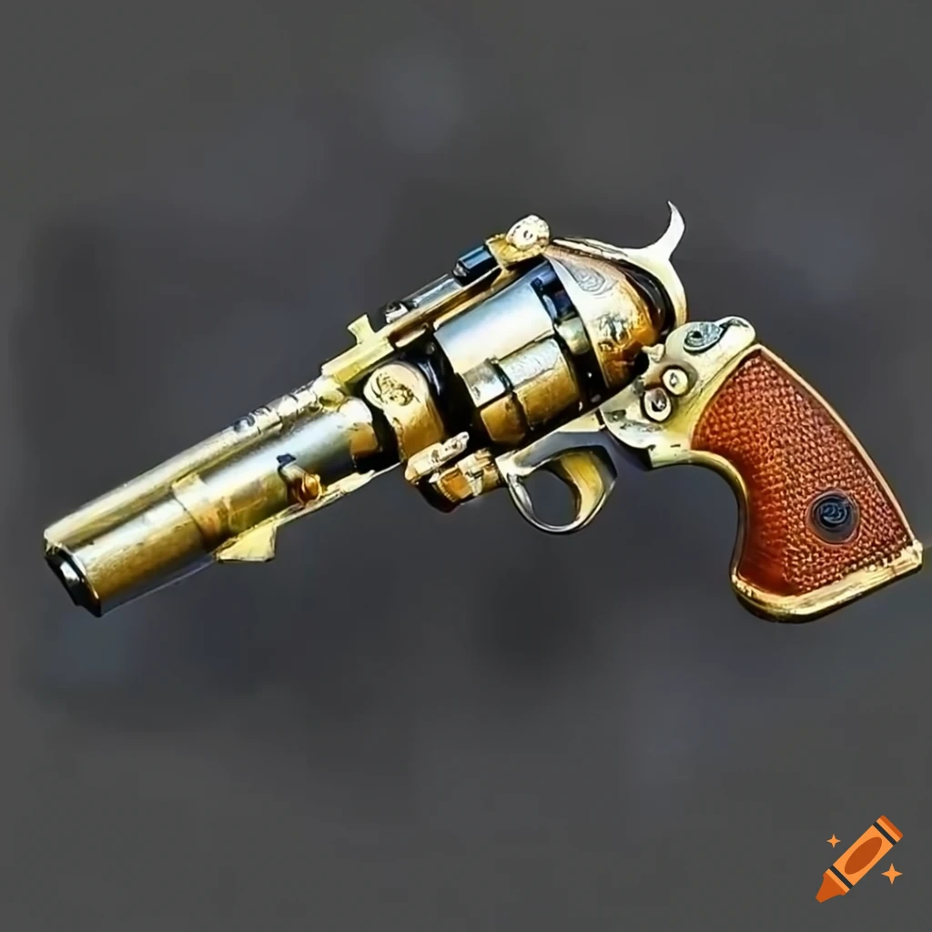 A stunning oil painting of a steampunk revolver on Craiyon
