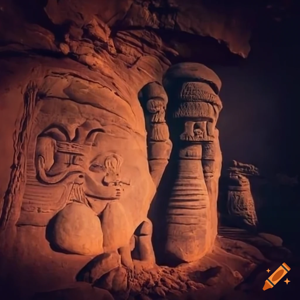 Still image showing ancient rock formations, adorned with mysterious ...