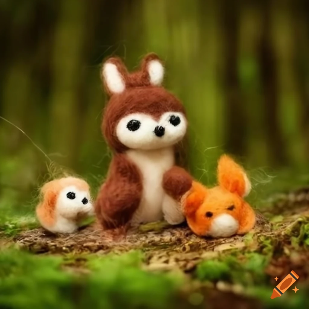 Adorable felted woodland creatures in a natural forest setting