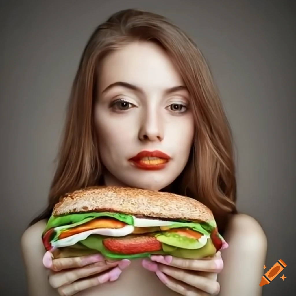 Cute woman holds a subway-sandwich hyper-realistic
