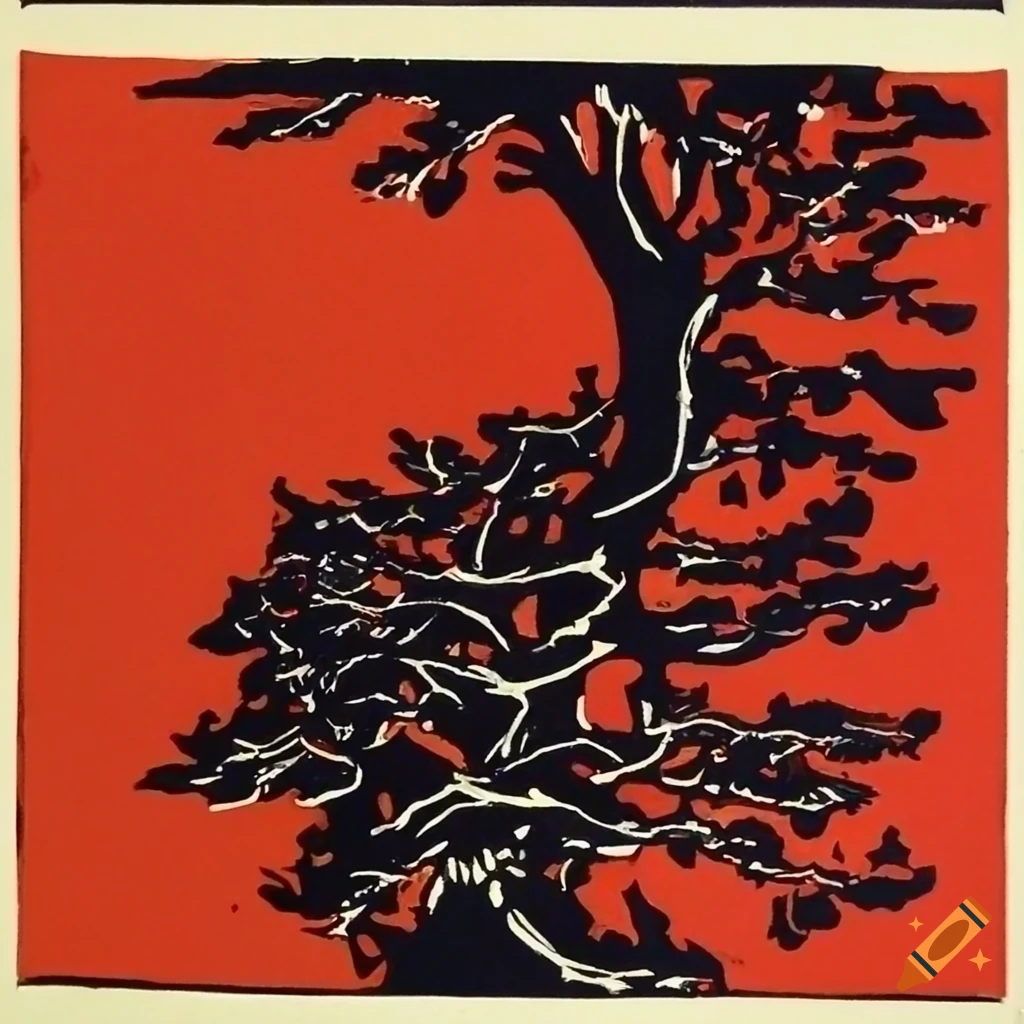 Tree on a hill linocut