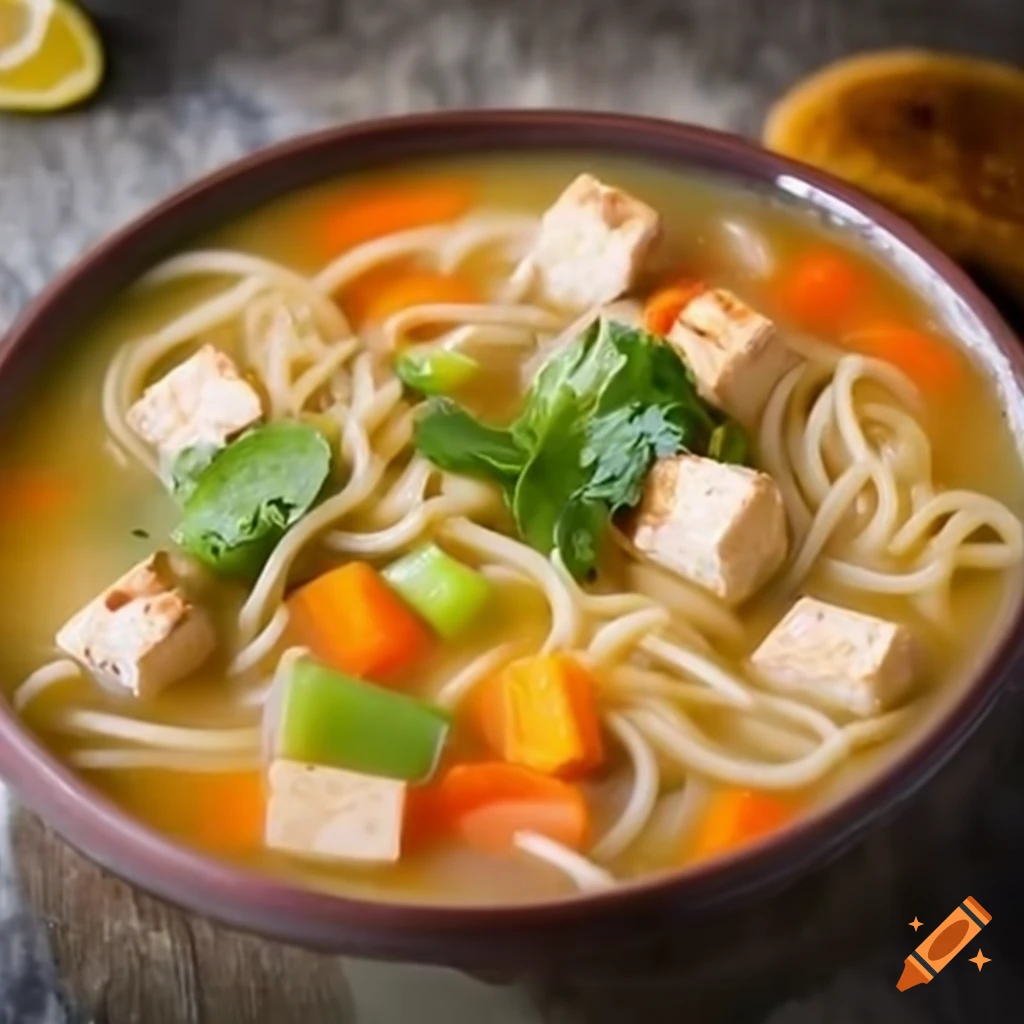Sopa de fideos vegetariana con tofu y verduras on Craiyon