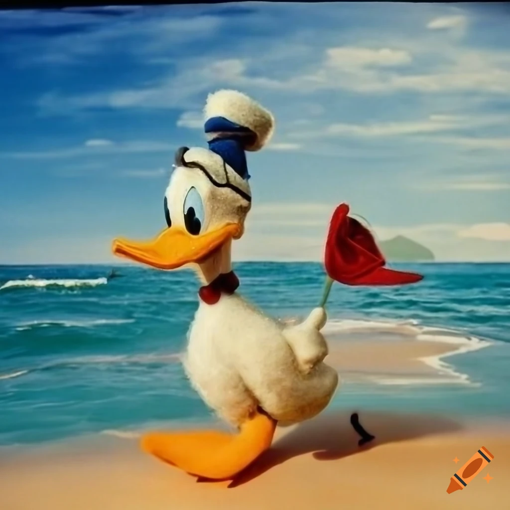 Needle felt donald duck on tje beach, palm tress, pacific, 1950's, carl ...