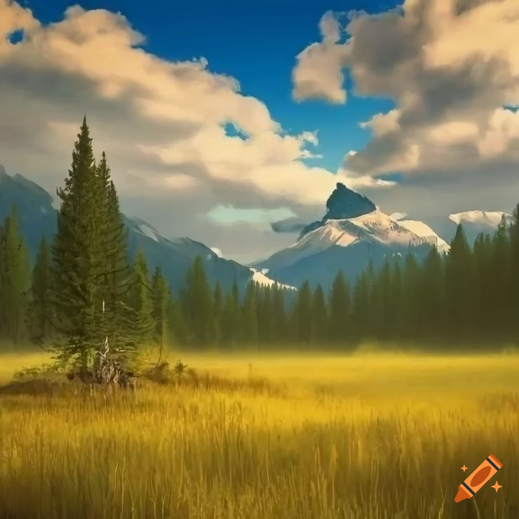 Landscape with mountains and many clouds and pine trees and aspen trees ...