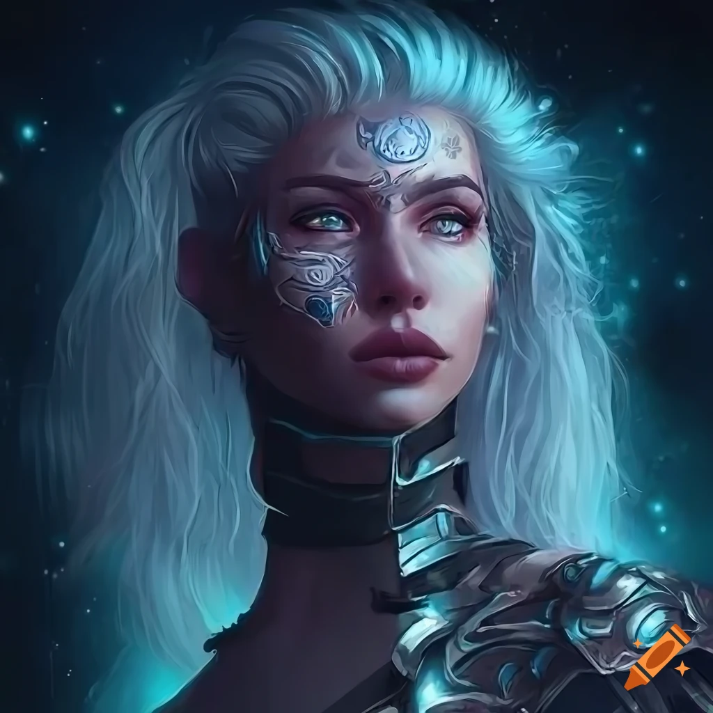 Beautiful face of a young women warrior with long black and silver hair ...