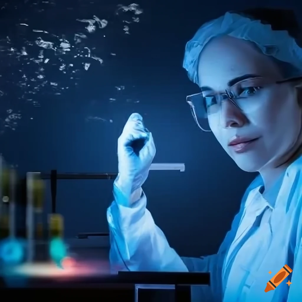 Generate an image of a physicist working in a laboratory at night time