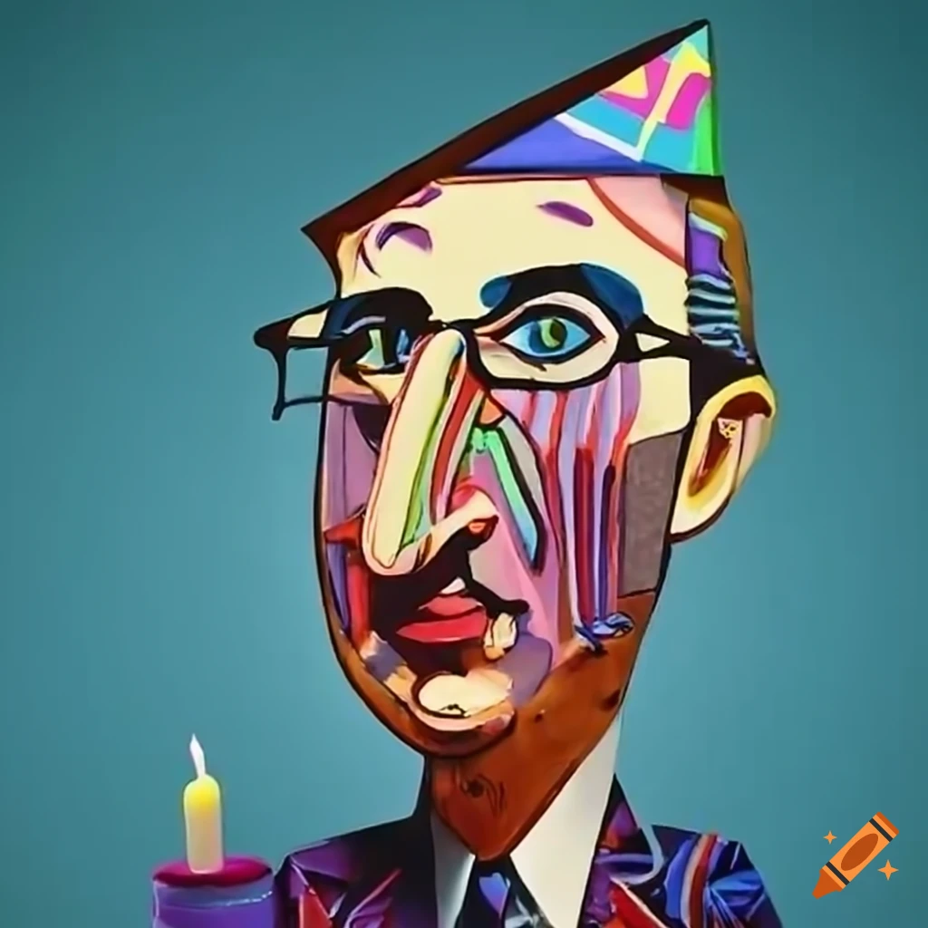 John oliver in picasso style with a birthday cake