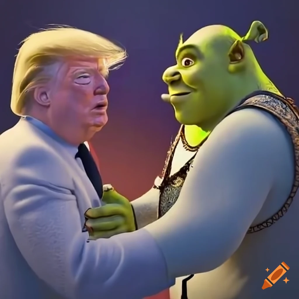 Shrek shaking hands with donald trump in a boxing ring on Craiyon