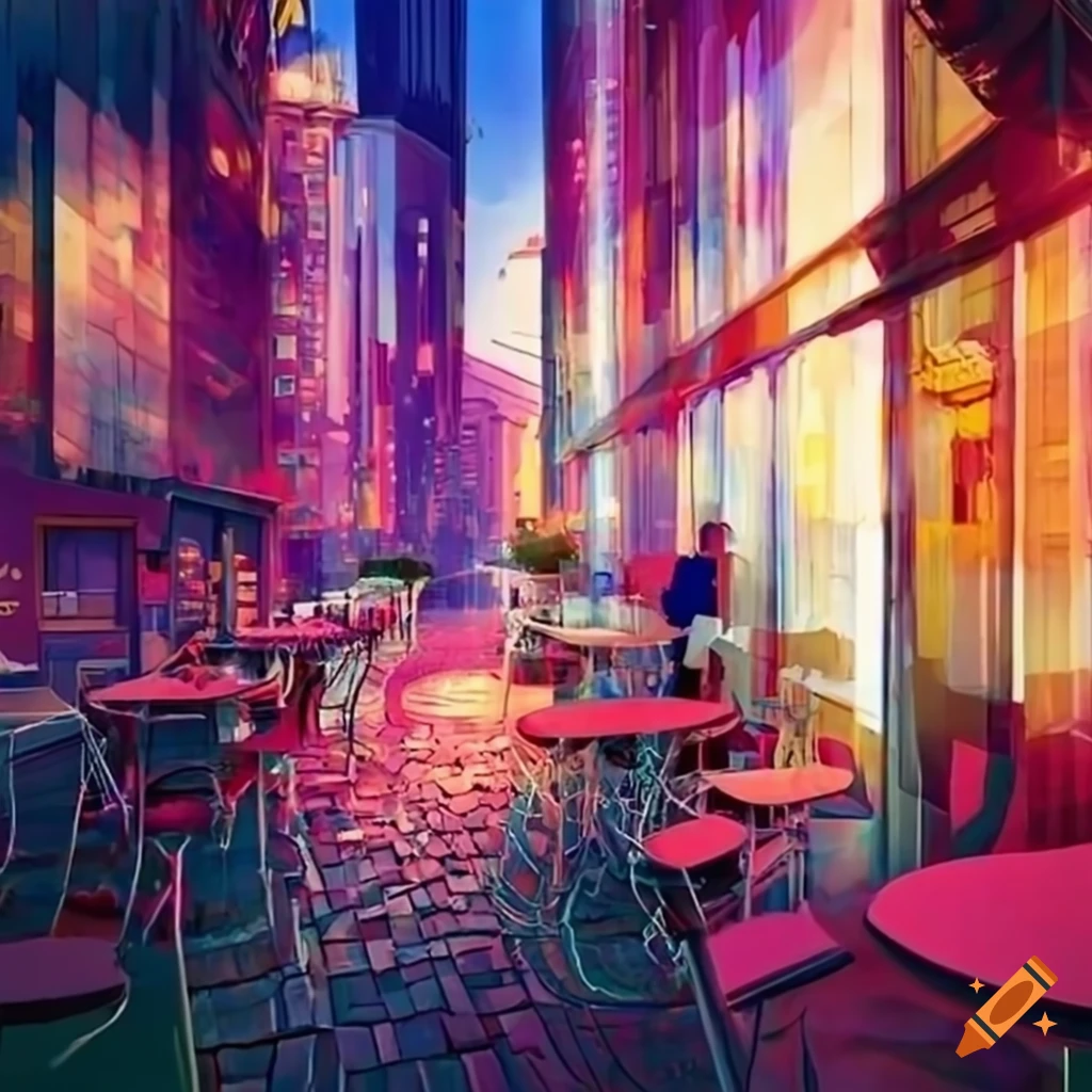 Outside a cafe in a vibrant cityscape pulsating with energy