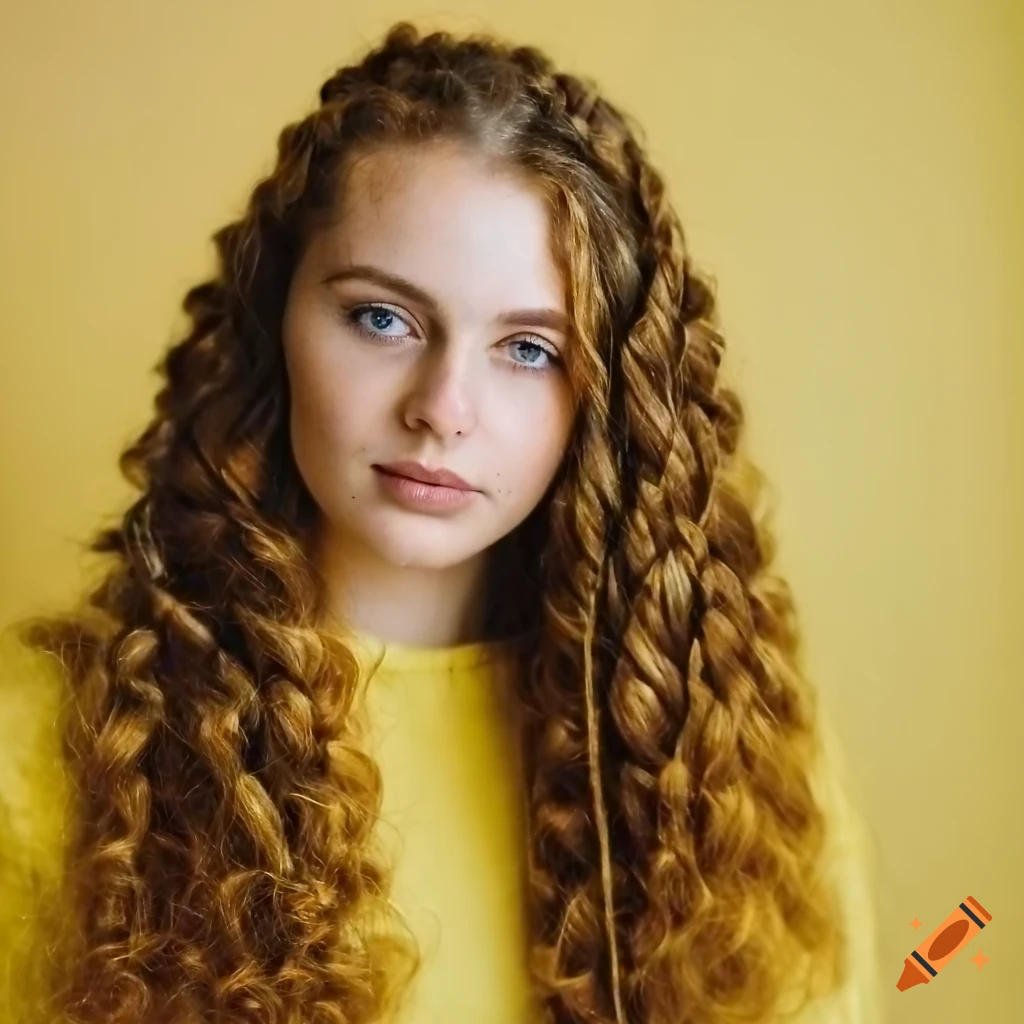 Portrait of a pretty young woman with braided long hair golden yellow ...