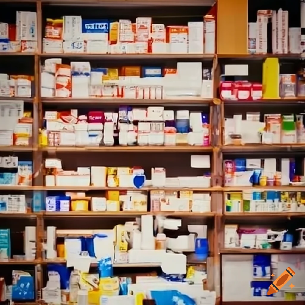 A messy pharmacy with shelves out of order on Craiyon