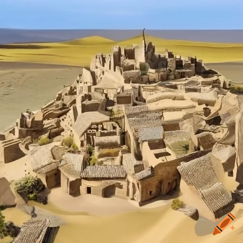 A medieval village, surrounded by desert, fantasy, highly detailed