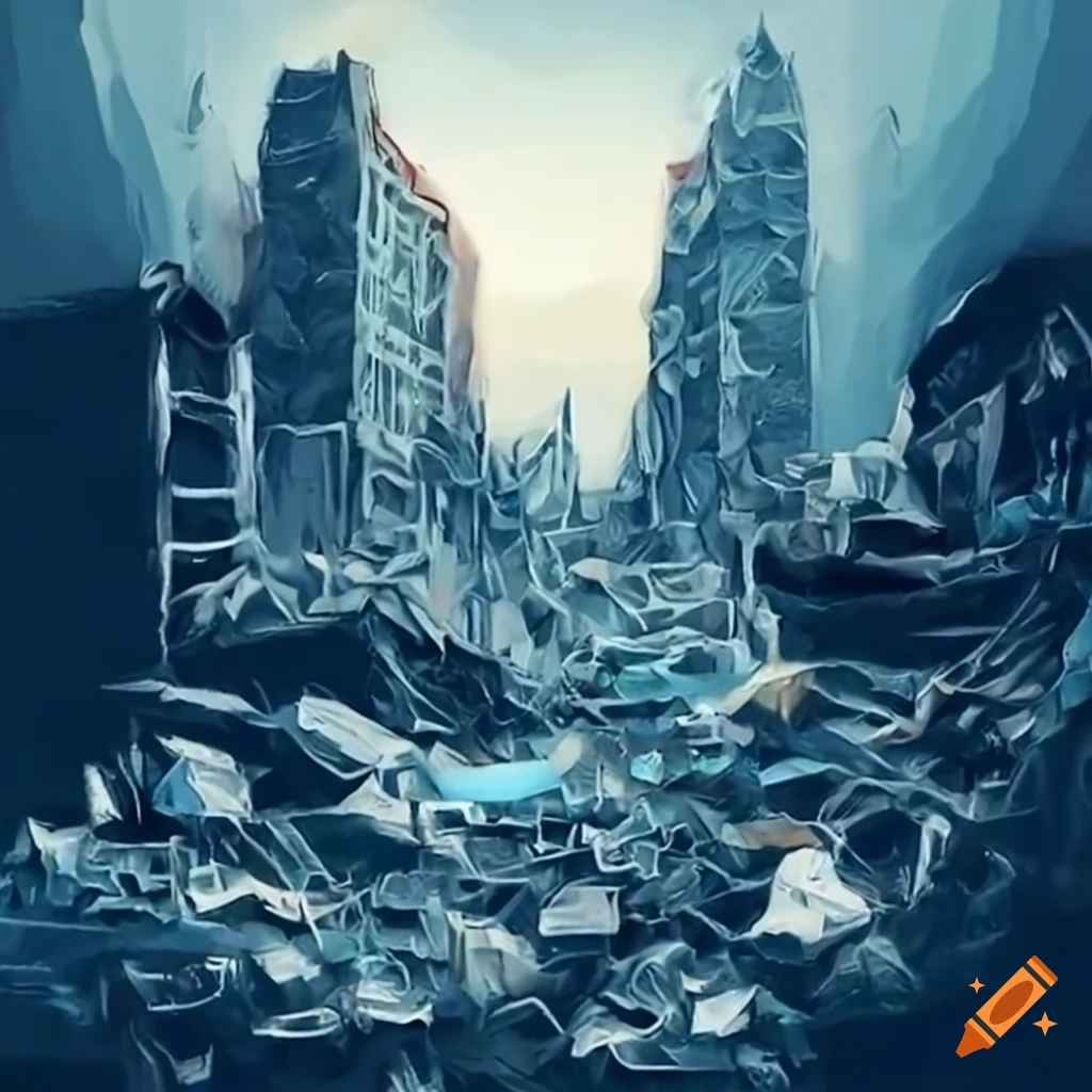 Collapsed city full of plastic, plastic mountains in the distance on ...