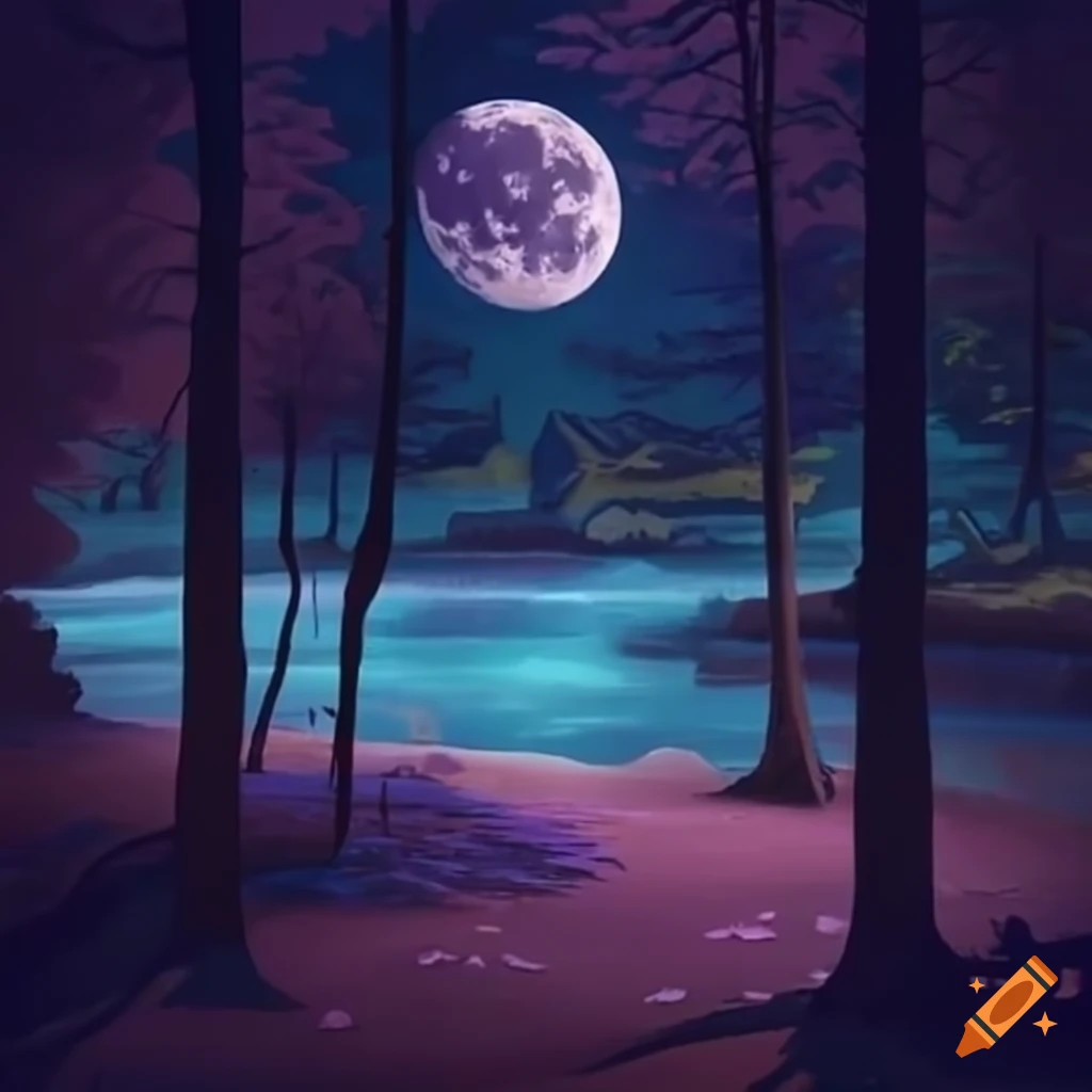 A moon with chill style and a river and trees wtih epic details on Craiyon