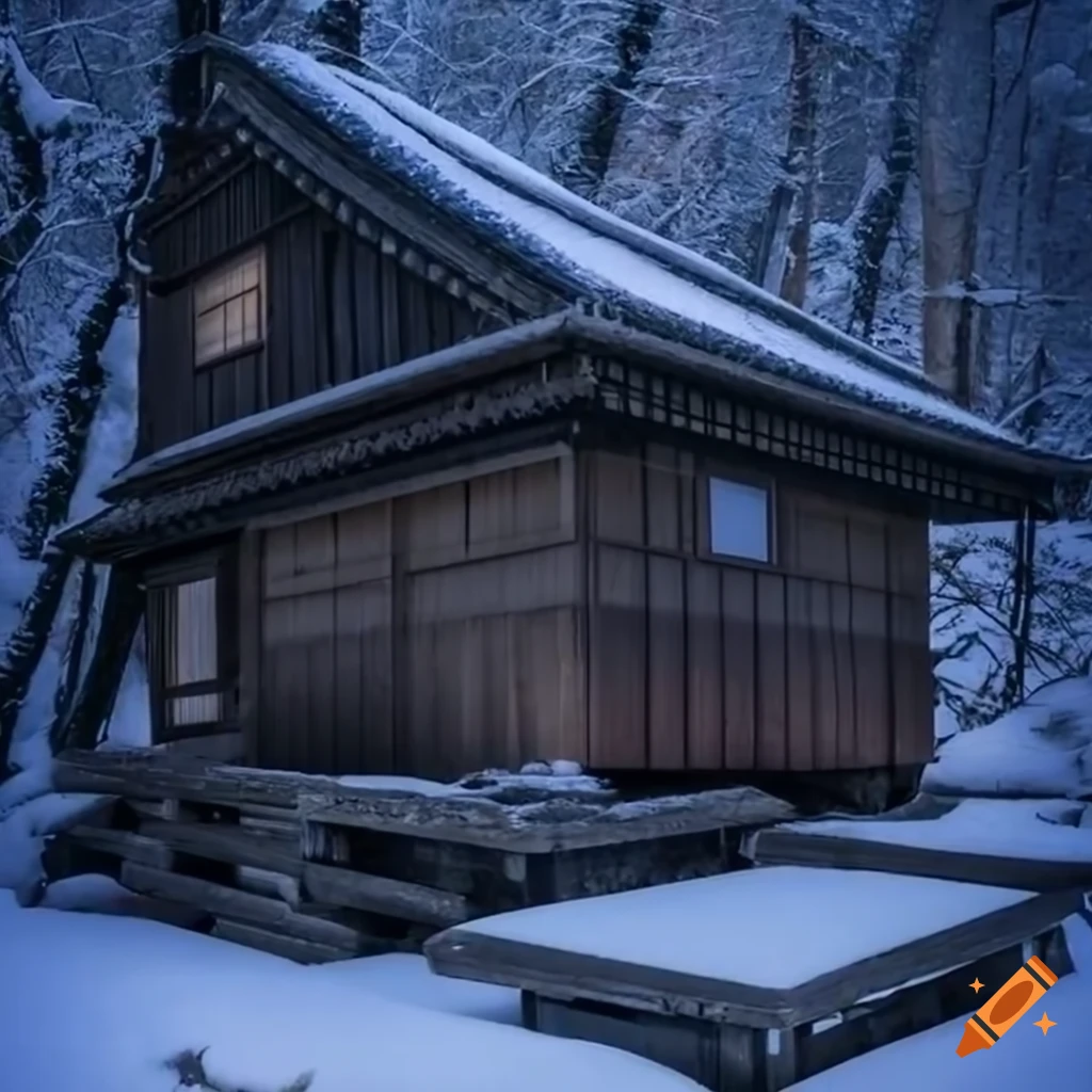 Medium sized dark Japanese hut in a snowy mountain valley on Craiyon
