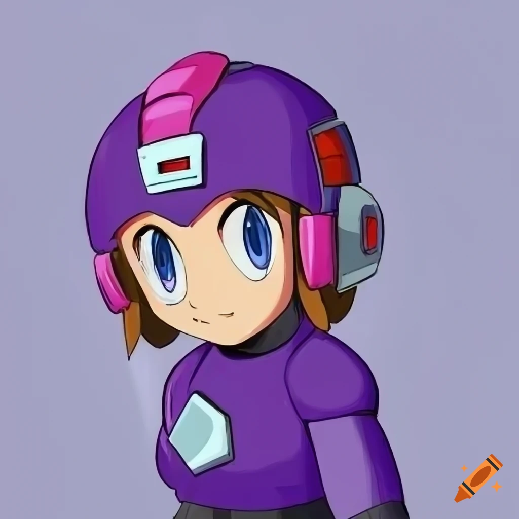 A female purple robot with medium length brown hair in the style of the ...
