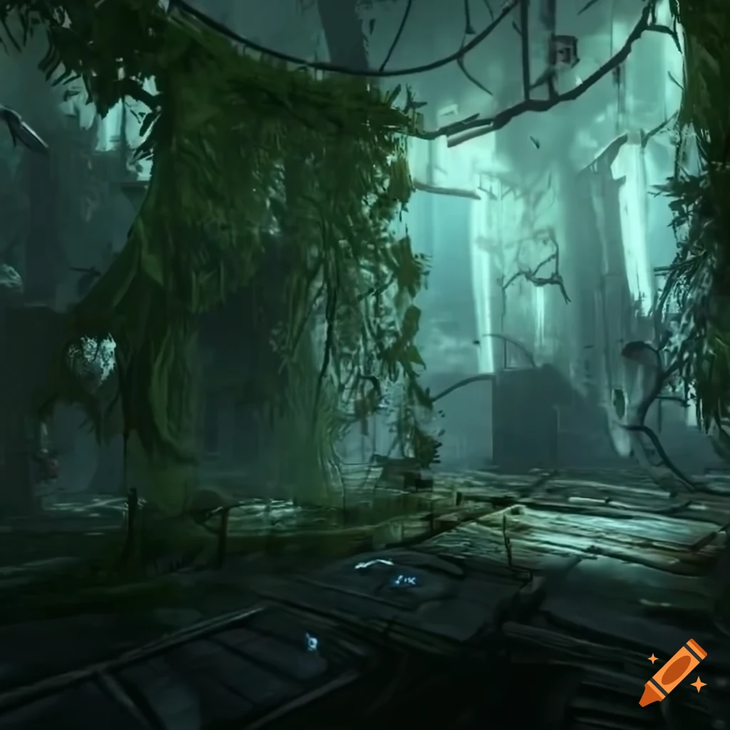 Portal 2 screenshot of the overgrown labs on Craiyon