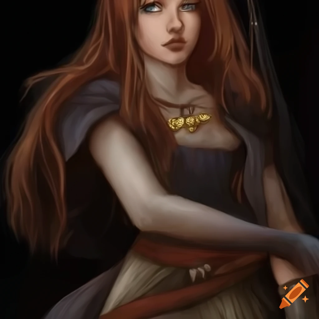 Female dnd bard with brown hair blue eyes in a beautiful dress on Craiyon