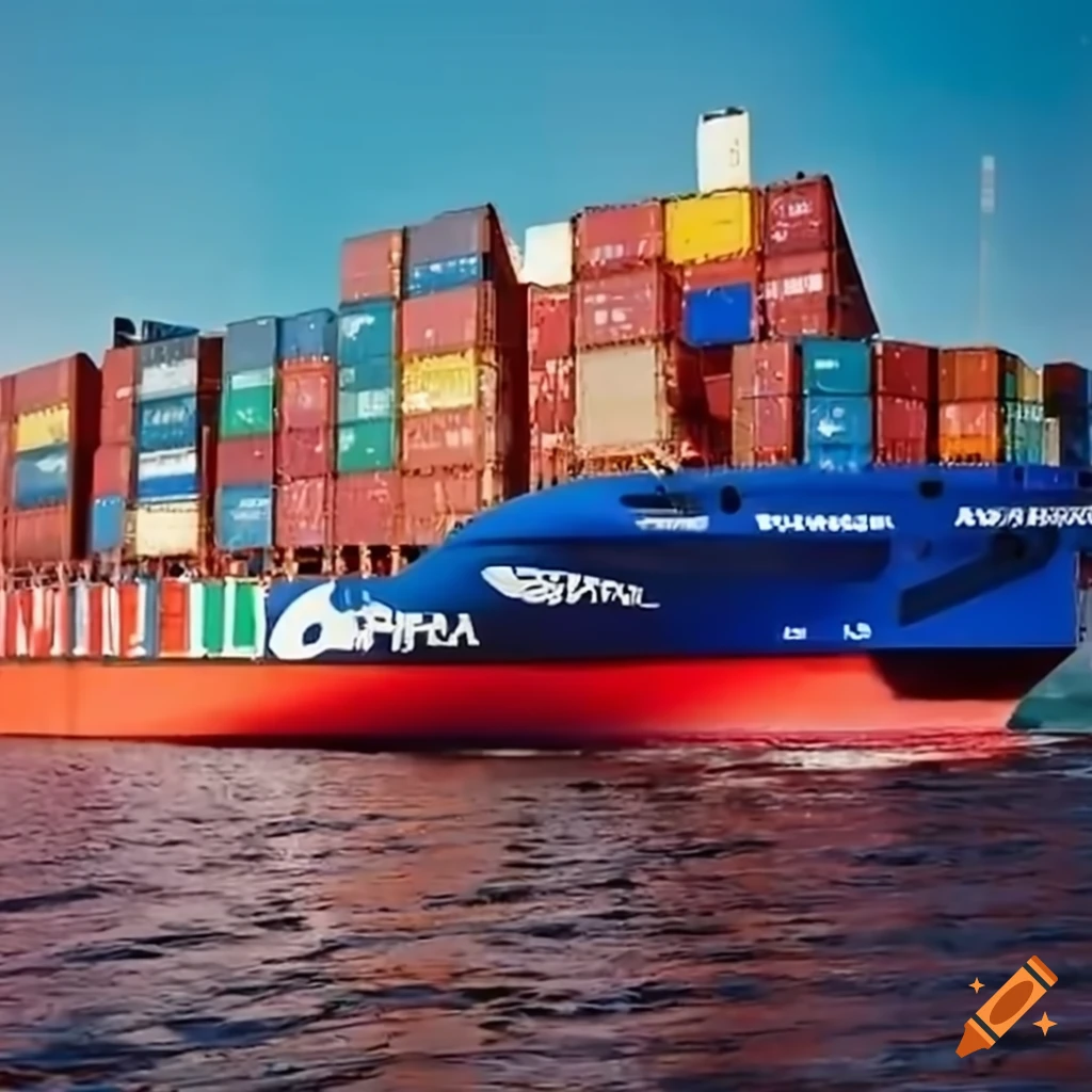 Container ship with formula 1 racing livery full of sponsors