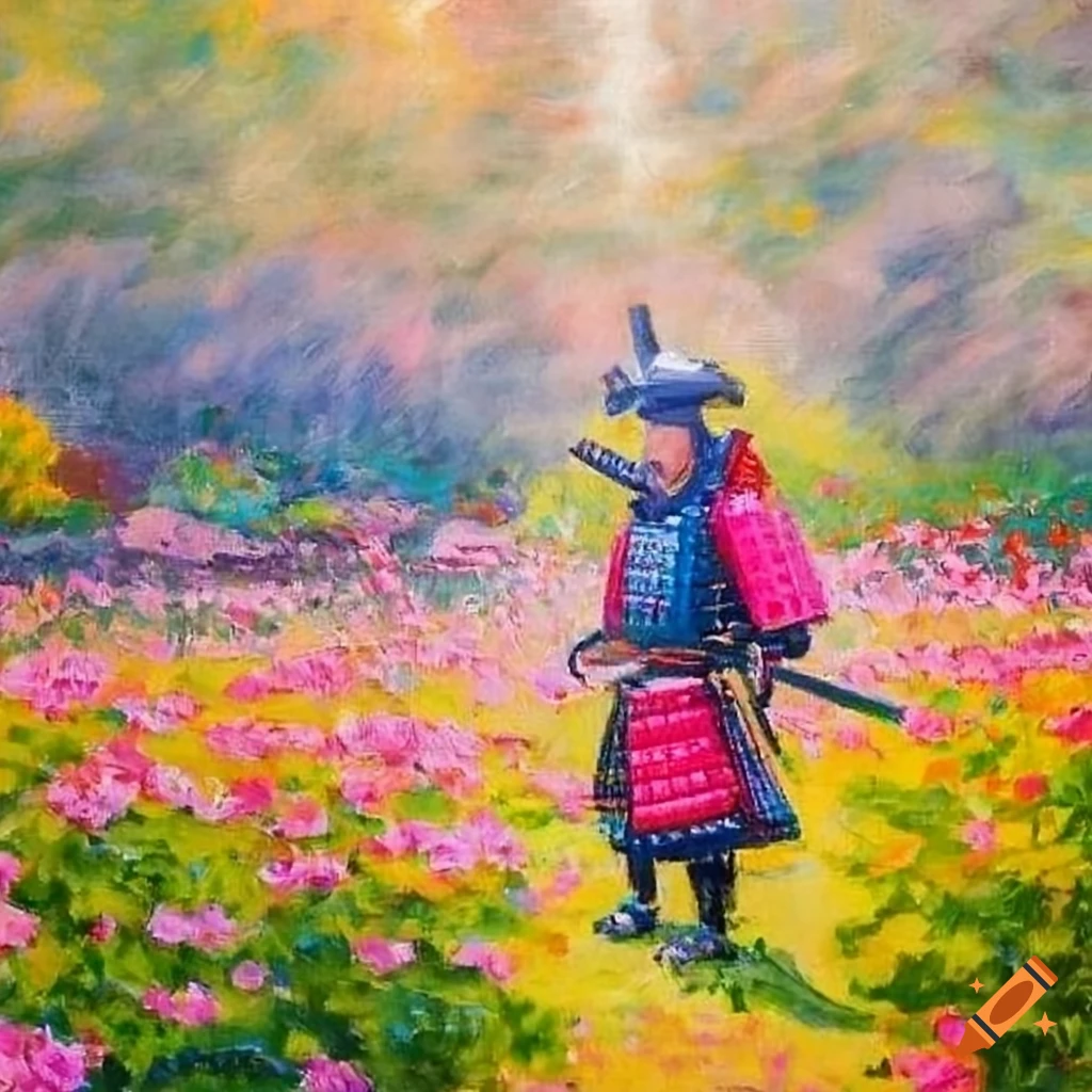 Post-impressionism painting of a samurai warrior in a flower garden on ...