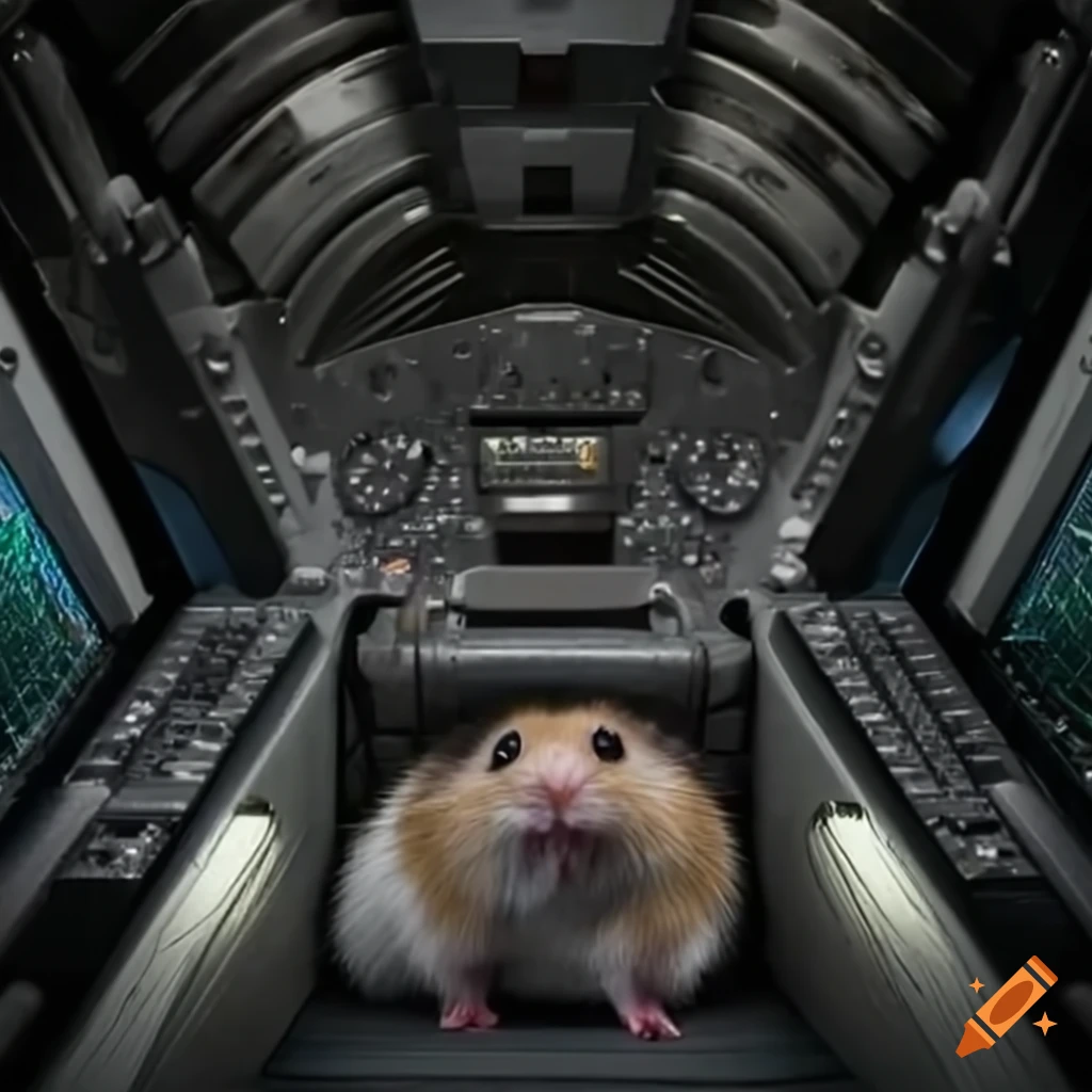 Hamster in a spaceship cockpit inside of a hangar on Craiyon