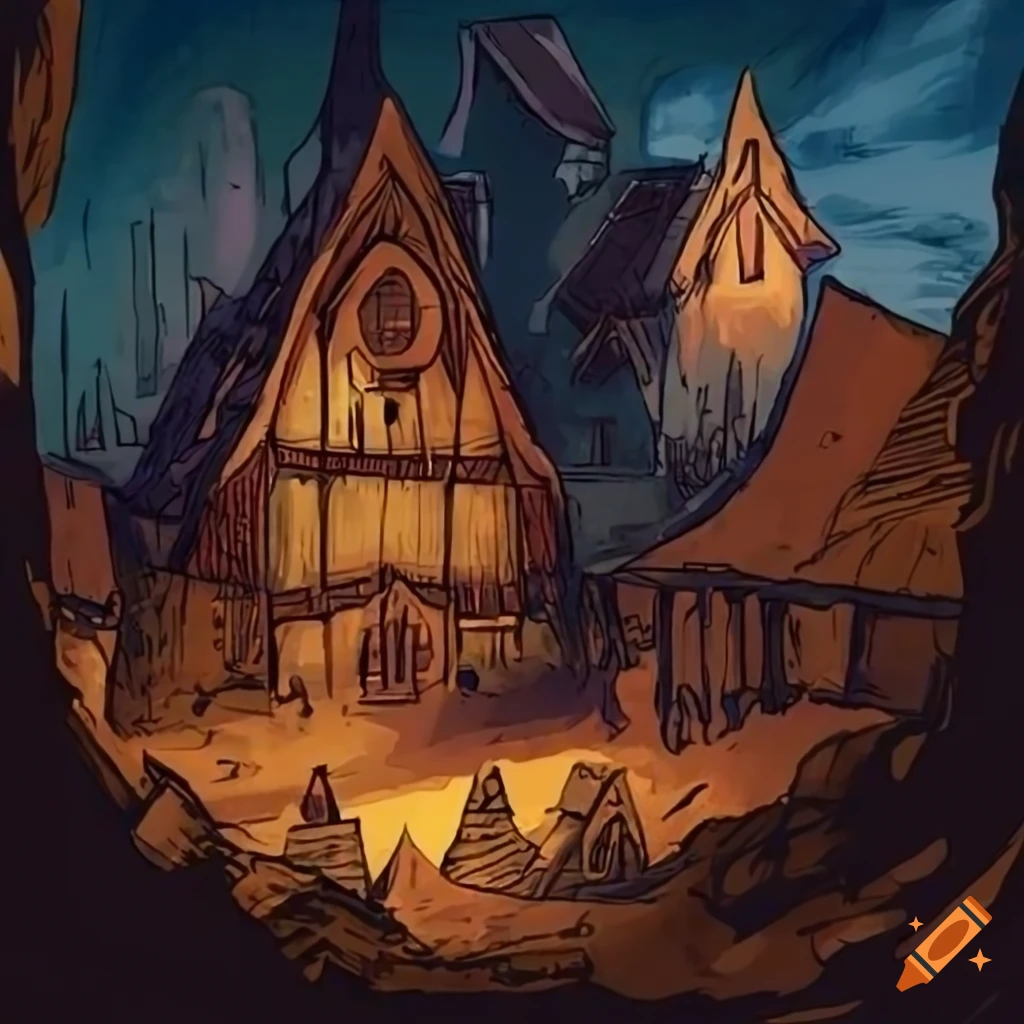 Illustrations of norse villages in comic book style on Craiyon