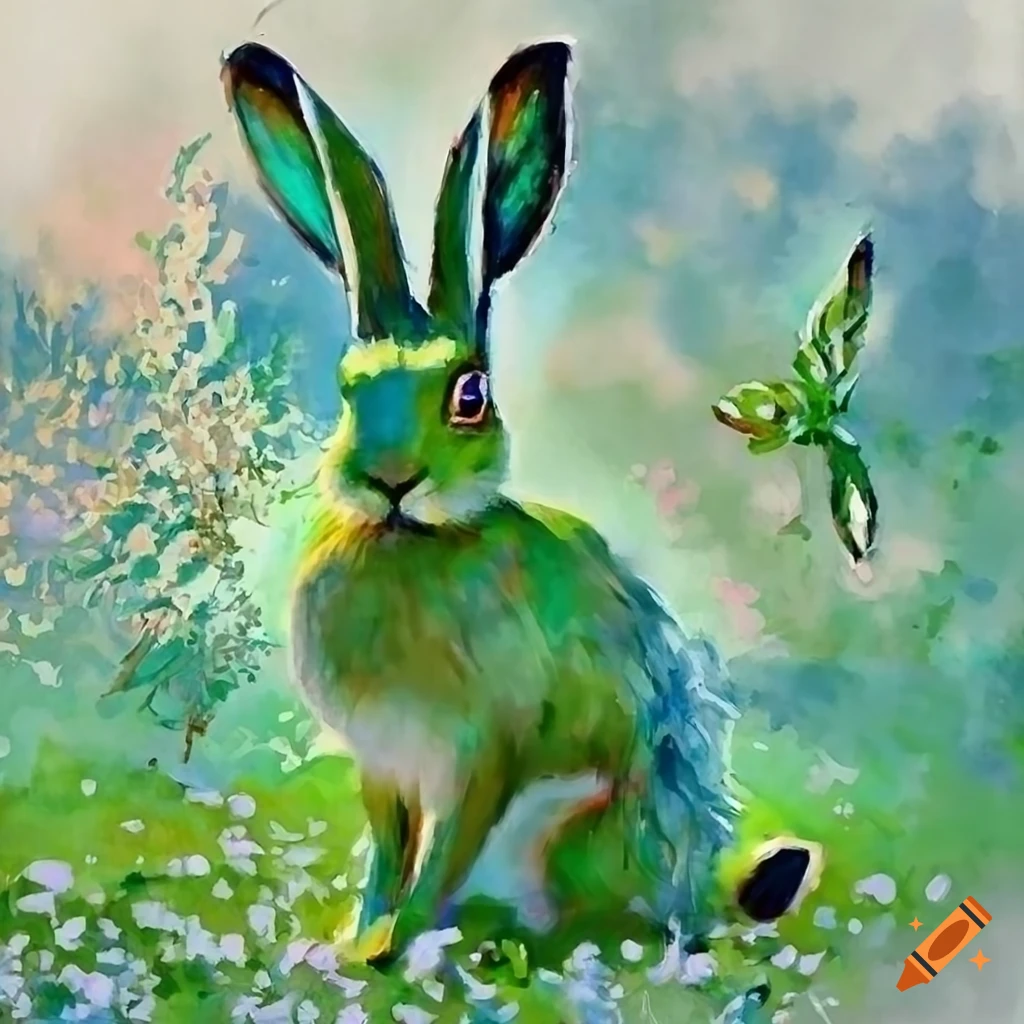Oil painting, digital painting, watercolor drawing of a green hare in ...