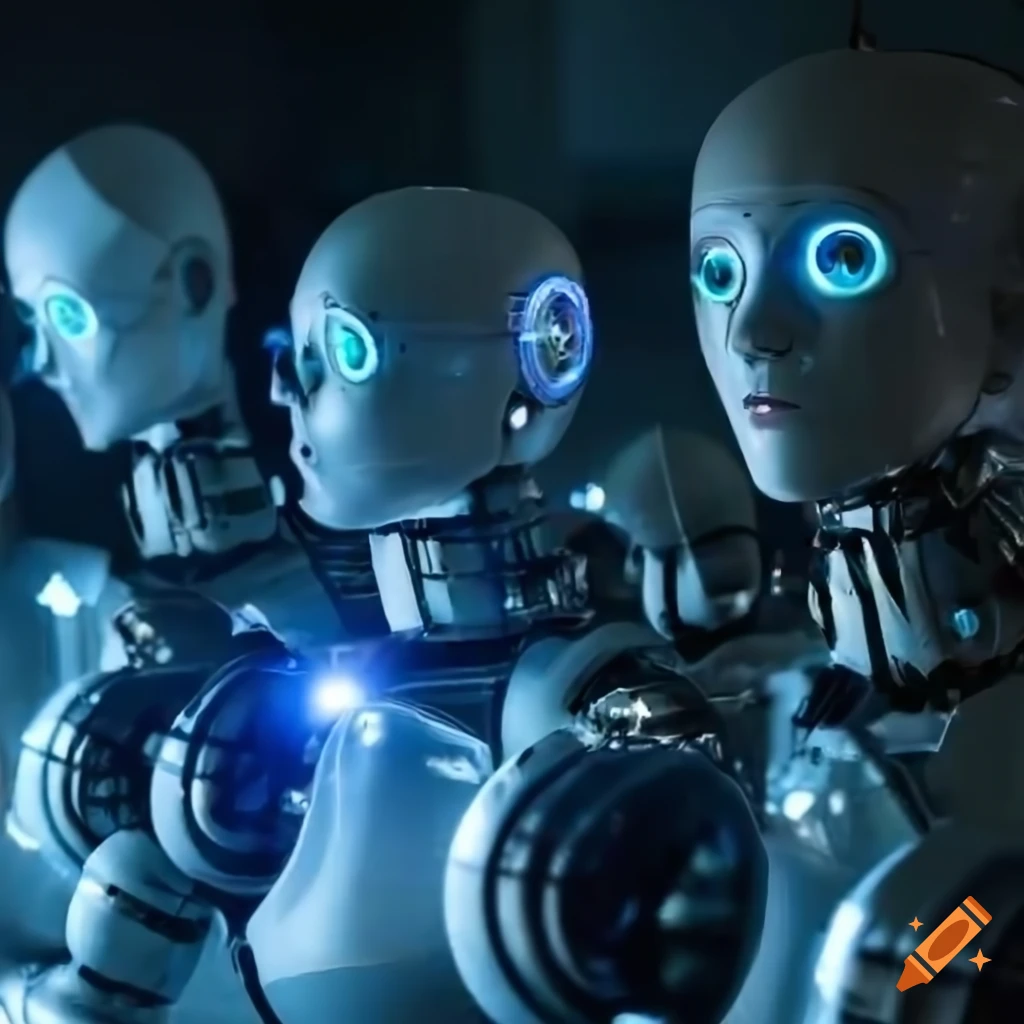 Fantastic steeping group of friendly human robots with high detailed ...