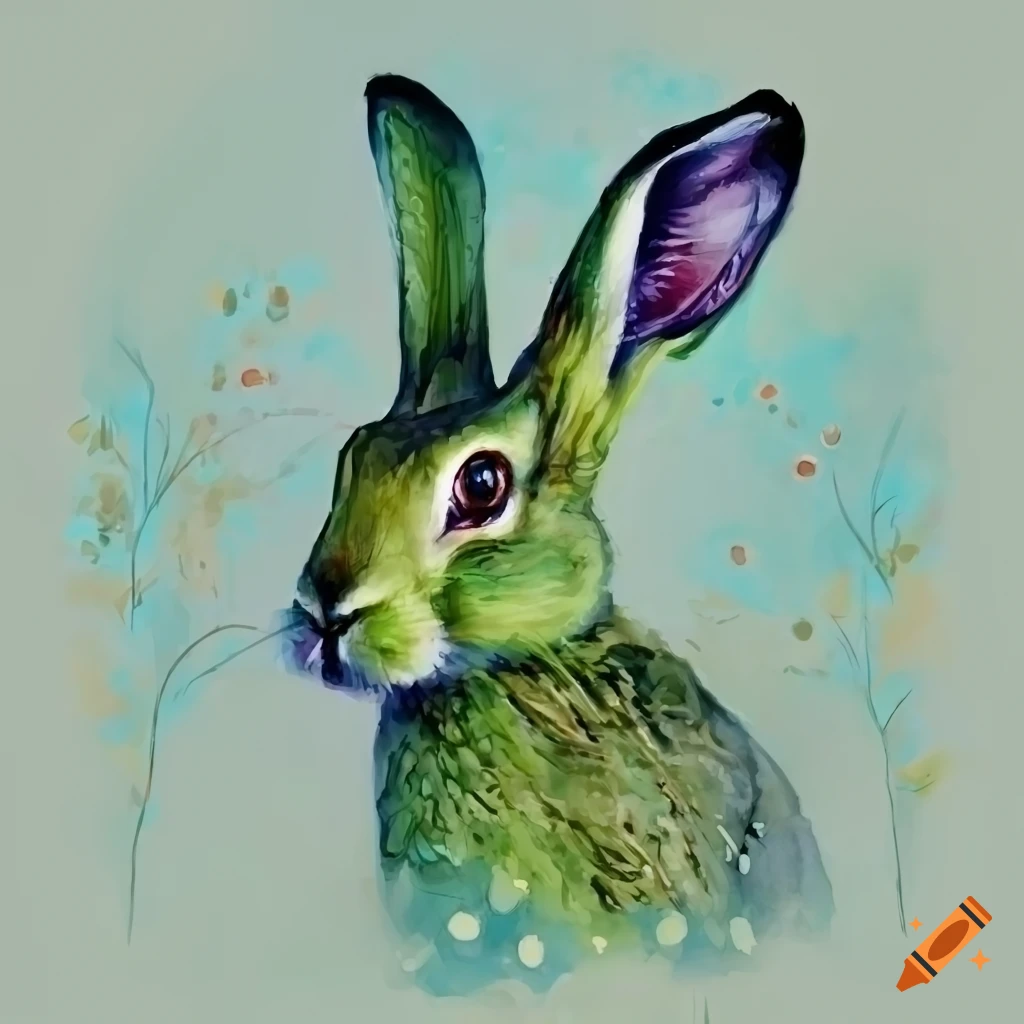 Oil painting, digital painting, watercolor drawing of a green hare in ...