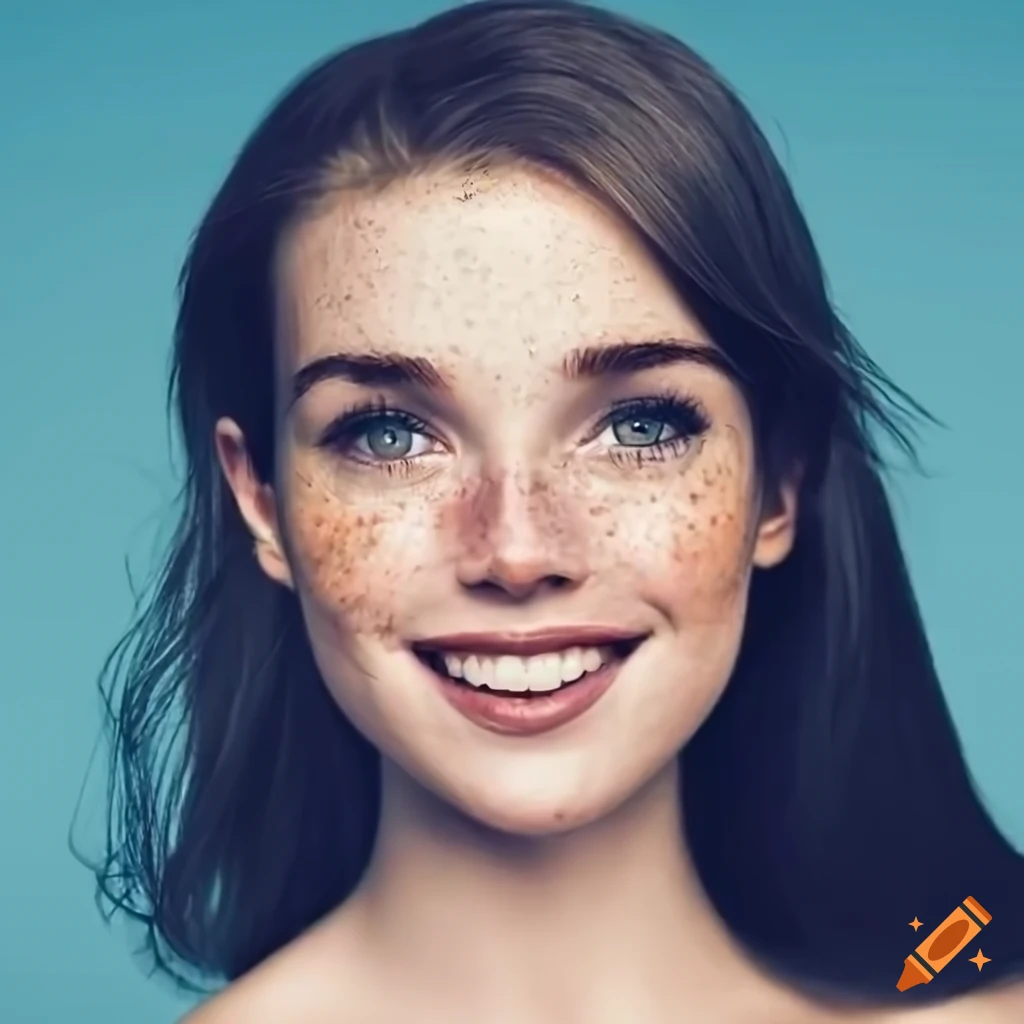 Pretty young woman delicate freckles shy smile shoulder-length hair