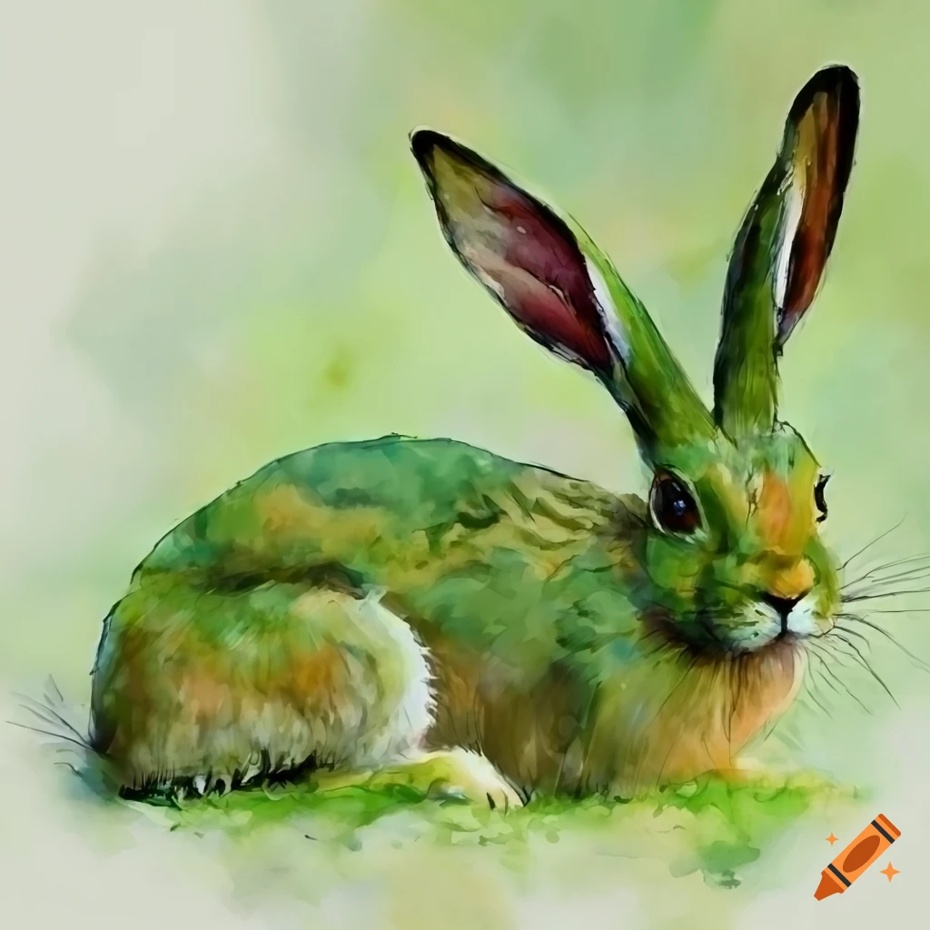 Oil painting, digital painting, watercolor drawing of a green hare in ...
