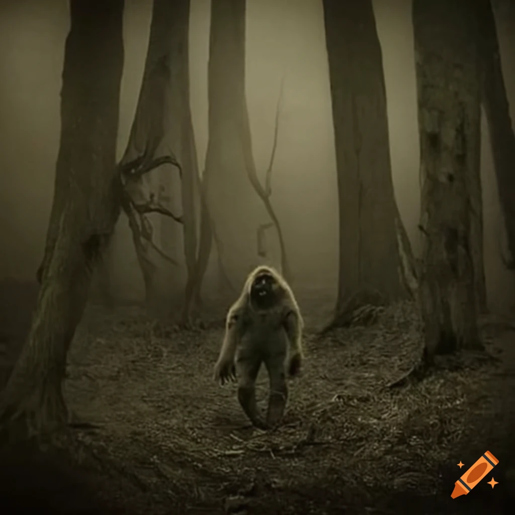 Realistic old photo of cryptic creepy bigfoot in a forest far away from ...