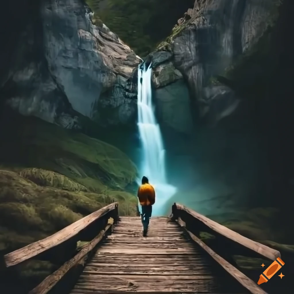 Waterfall between two mountains a wooden bridge across a man walking ...