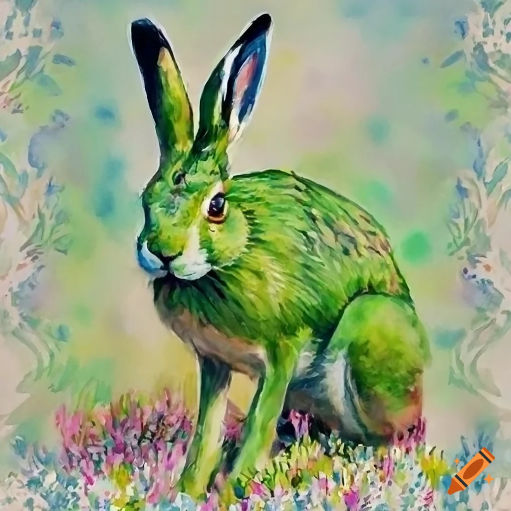 Oil painting, digital painting, watercolor drawing of a green hare in ...