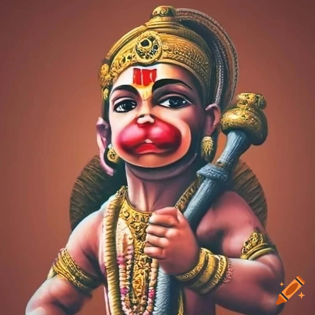 A young Lord Hanuman smiling and holding a toy mace on Craiyon