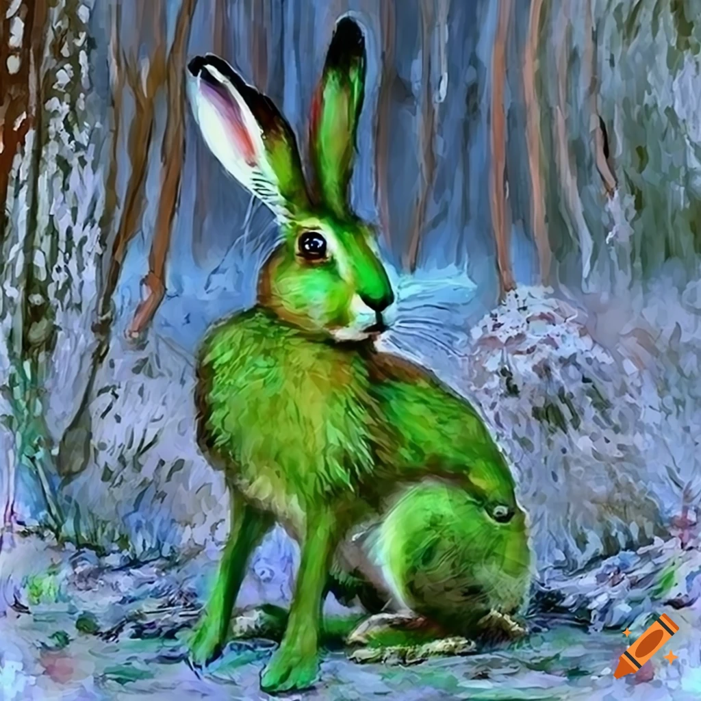 Oil painting, digital painting, watercolor drawing of a green hare in ...