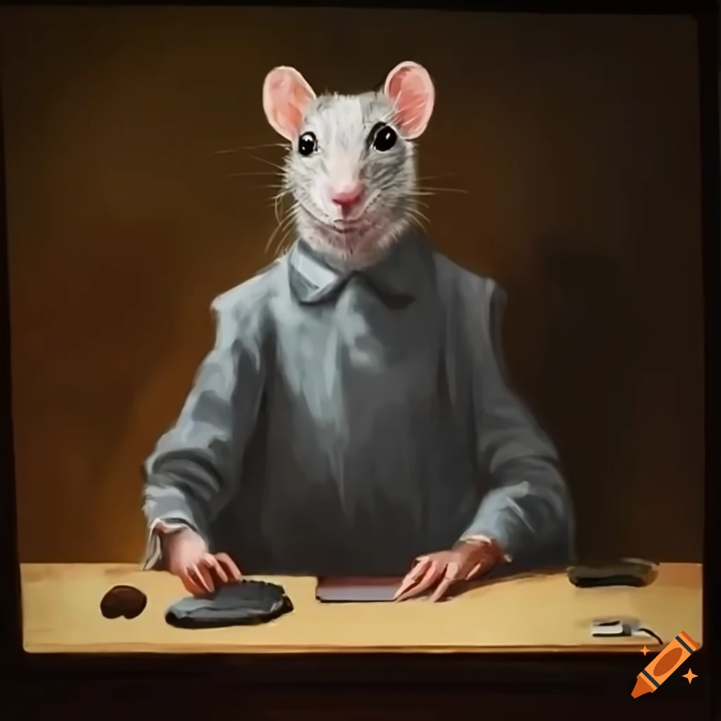 A painting of a rat waiting in line at the dmv. This rat is wearing ...