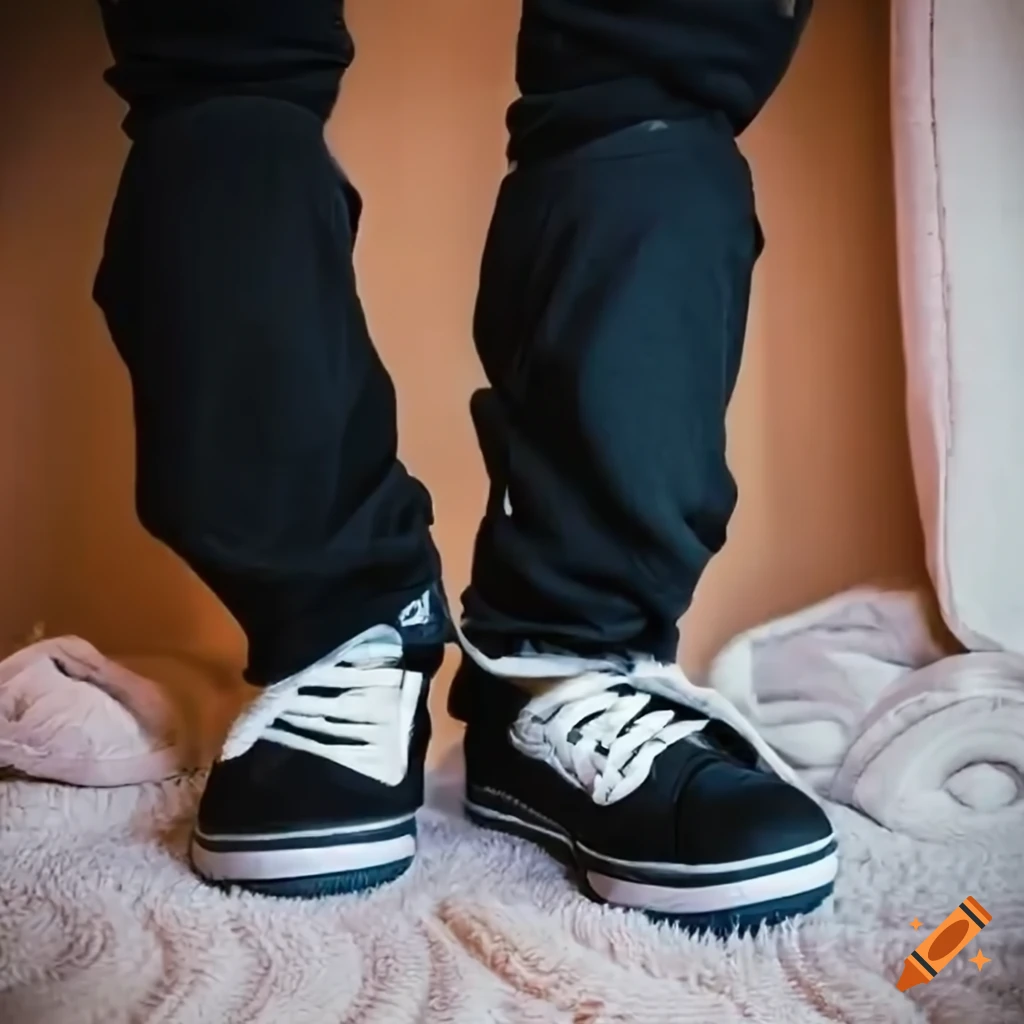 Young adult man's legs in black jako pants and etnies fader shoes ...