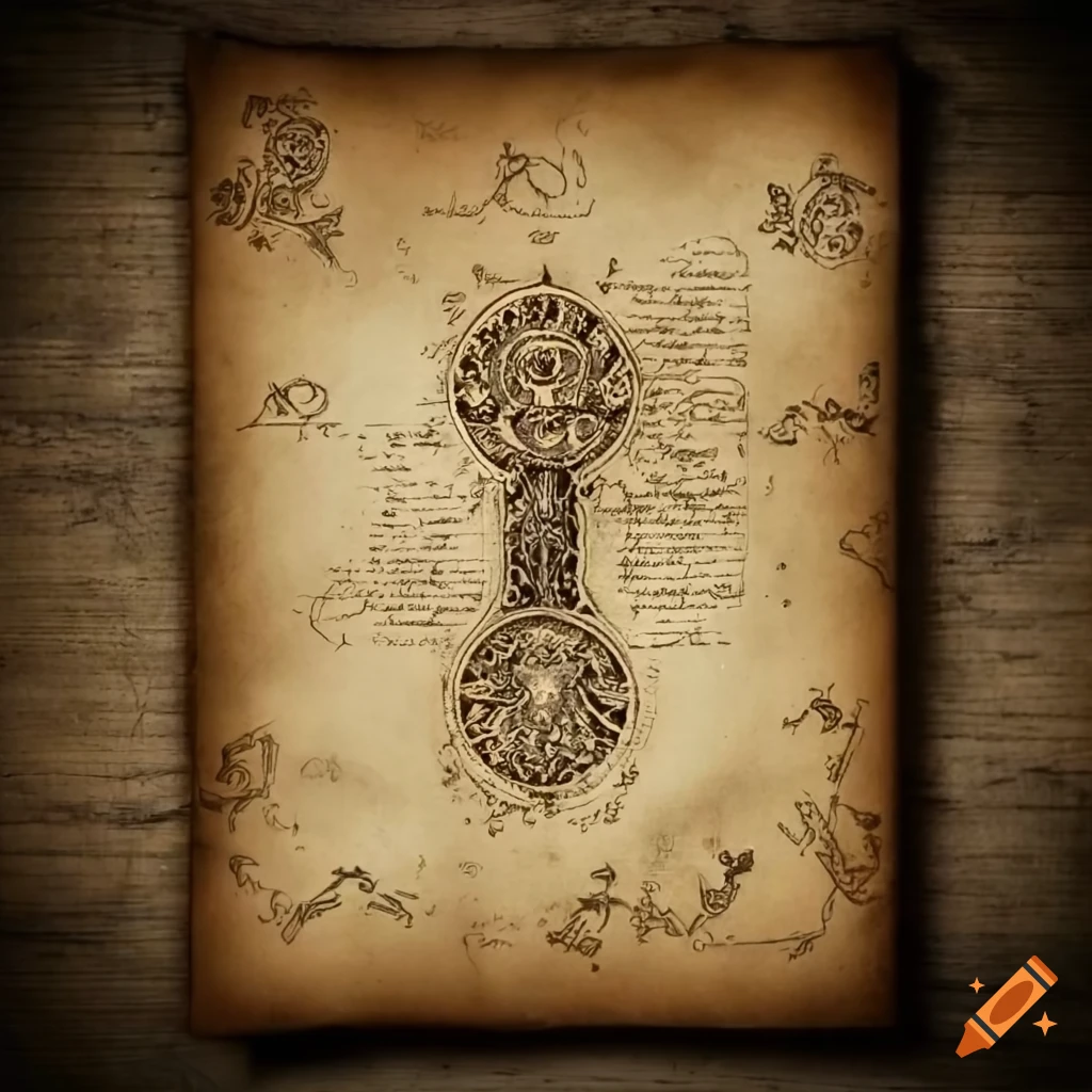 Ancient sorcerer's notes with elaborate symbols and illustrations ...