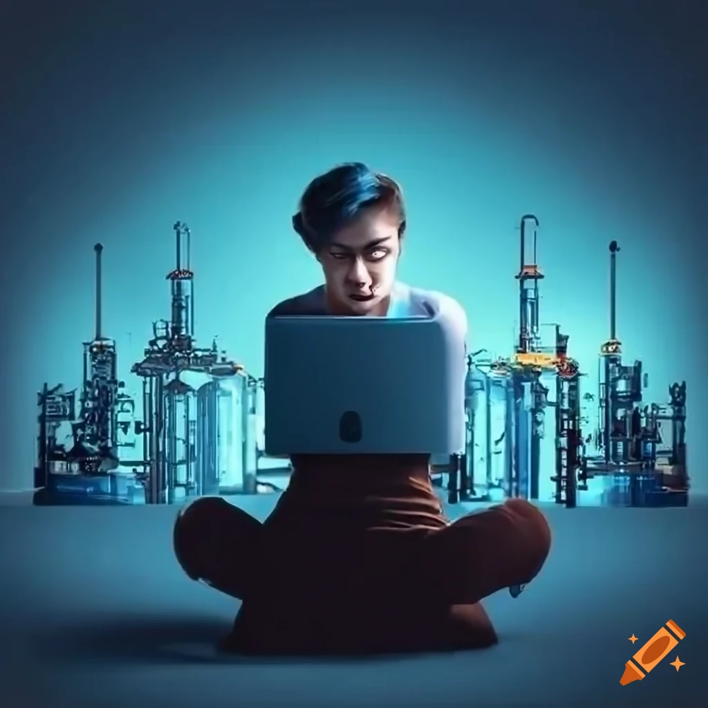 Young male programmer programming, with an oil company in the background