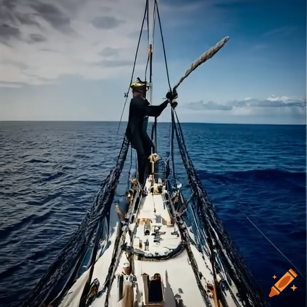 Image of a ship captain leading the crew as he guides the boat at sea ...