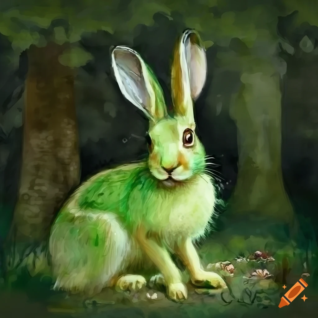 Oil painting, digital painting, watercolor drawing of a green hare in ...