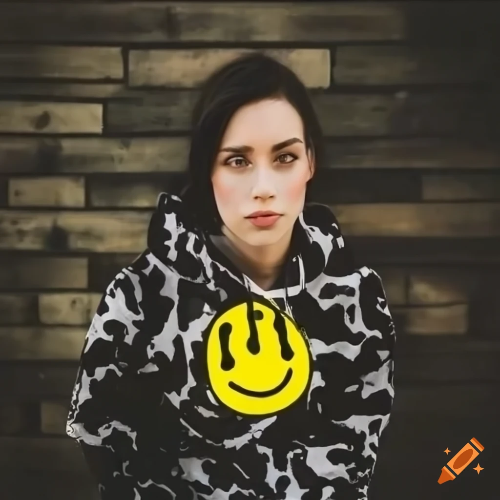Skinny Brunette Wearing Cow Print Hoodie With A Yellow Smiley Logo On Craiyon