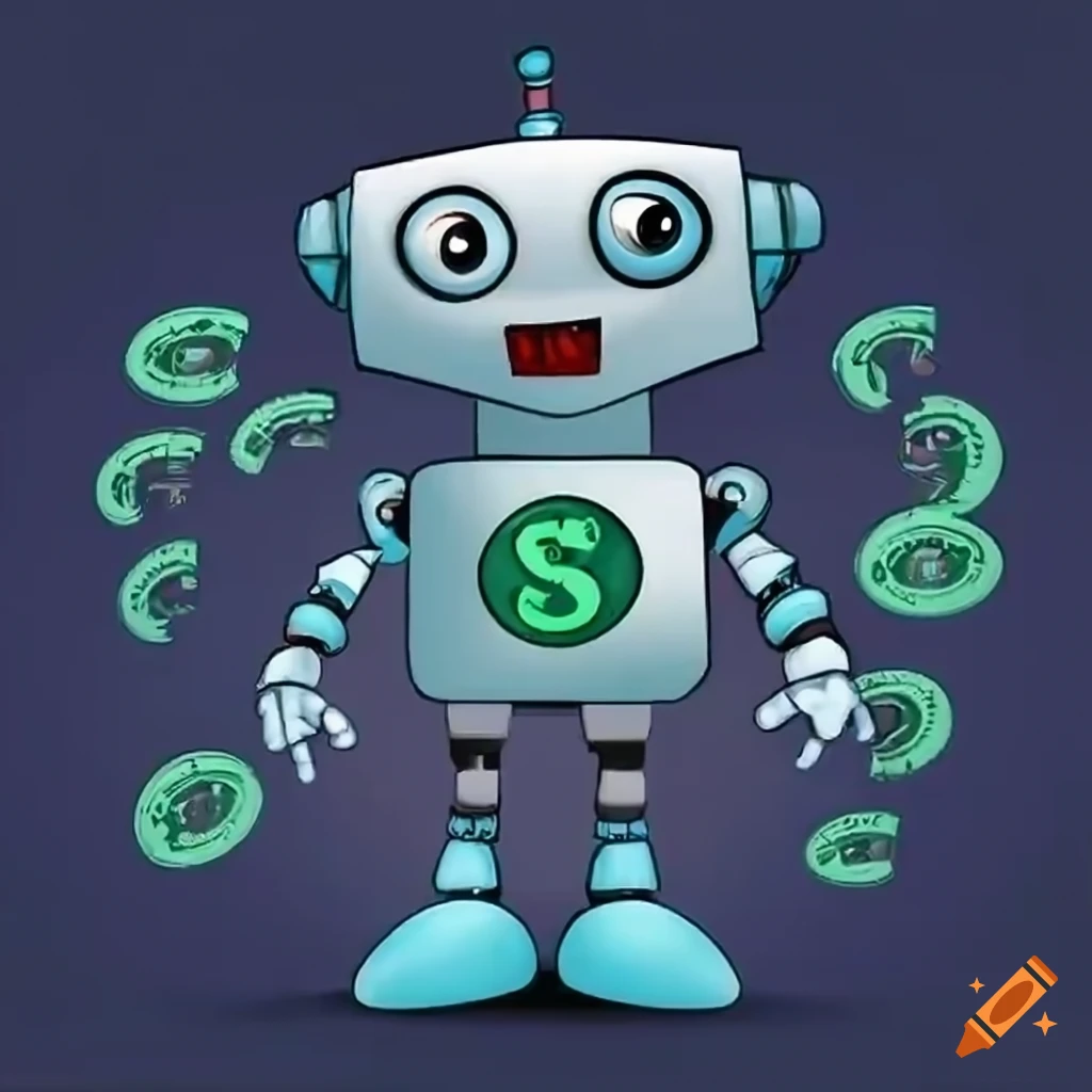A cartoon robot is holding digital currency on Craiyon