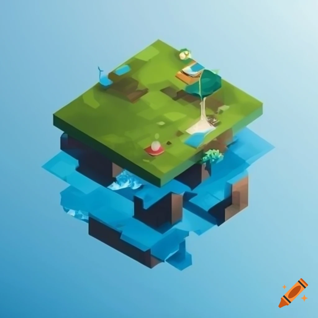 Isometric cube floating island in water on Craiyon